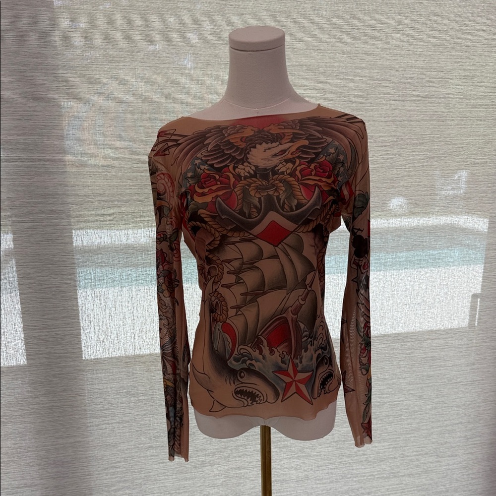 Wild Rose Tattoo Print Bodysuit - Red And Brown - Gem